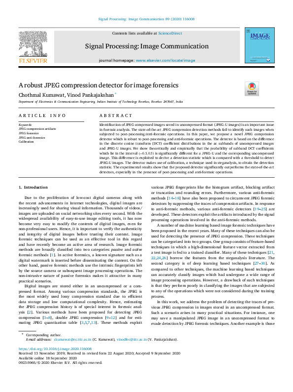 (PDF) A robust JPEG compression detector for image forensics