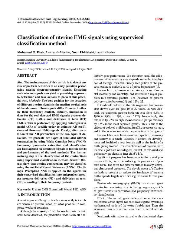 (PDF) Classification of uterine EMG signals using supervised classification method