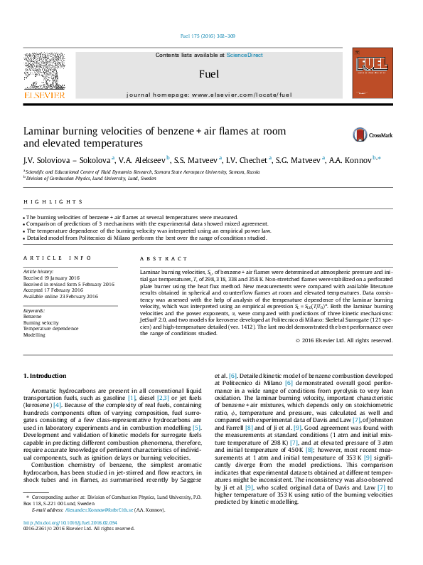 (PDF) Laminar burning velocities of benzene + air flames at room and ...