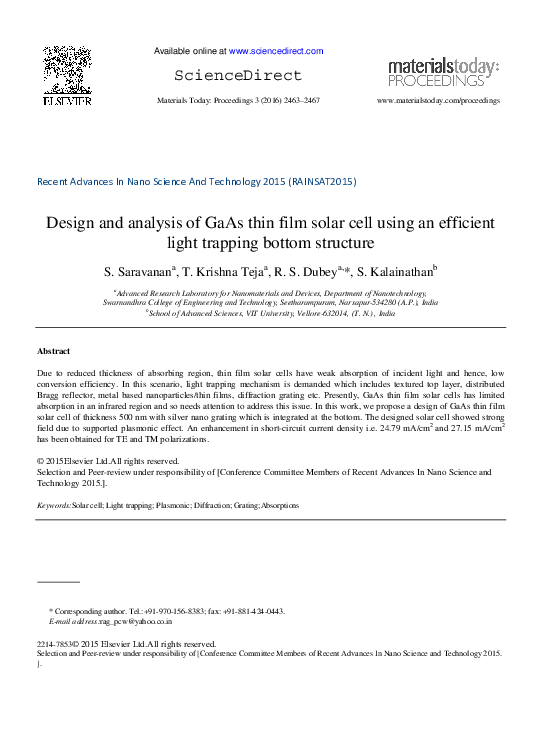 (PDF) Design and analysis of GaAs thin film solar cell using an ...