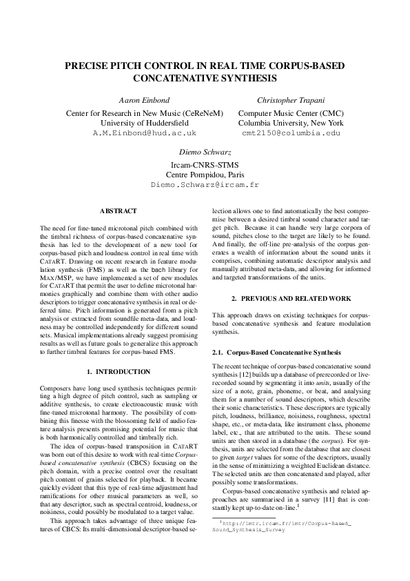 (PDF) Precise Pitch Control in Real Time Corpus-Based Concatenative Synthesis
