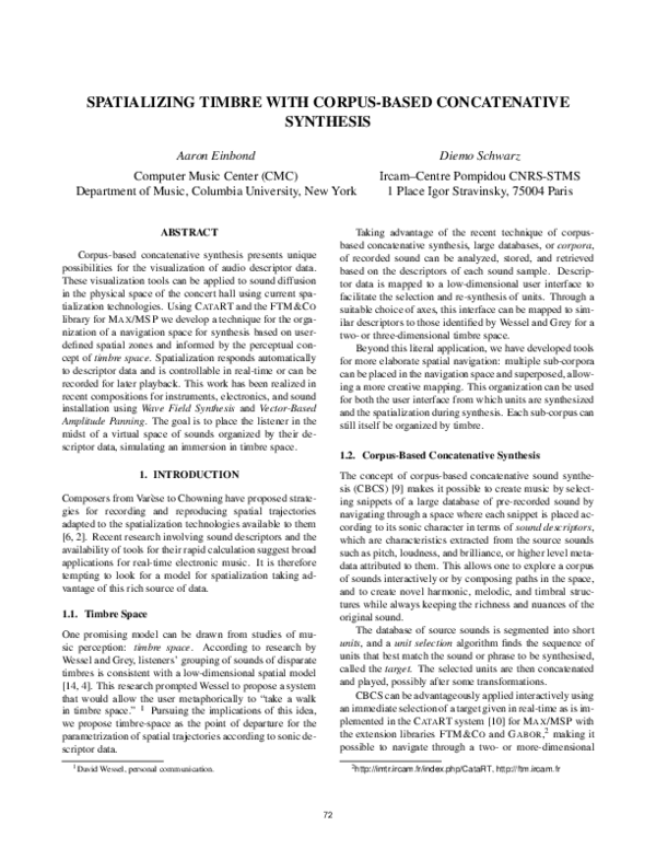 (PDF) Spatializing timbre with corpus-based concatenative synthesis