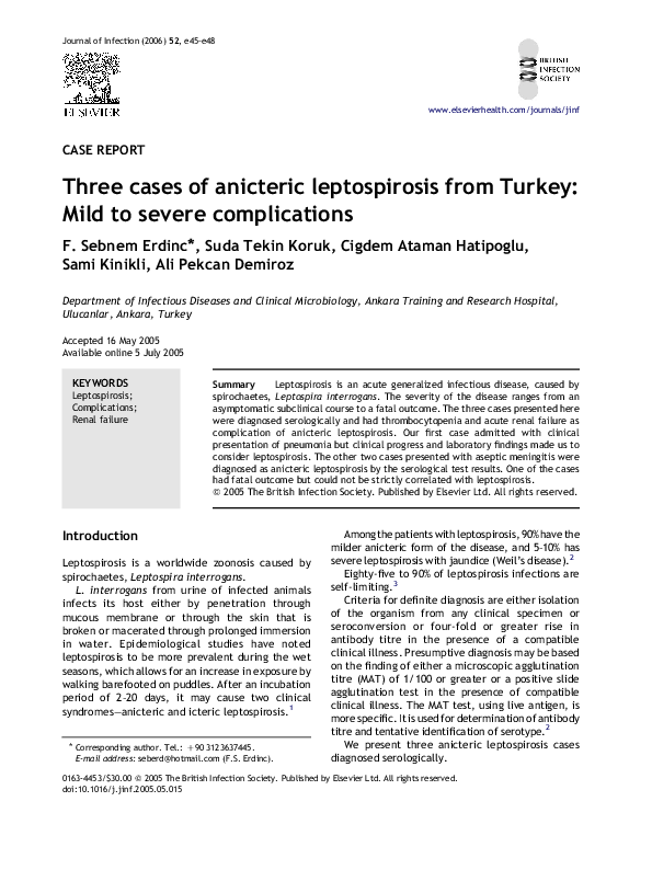 (PDF) Three cases of anicteric leptospirosis from Turkey: Mild to ...