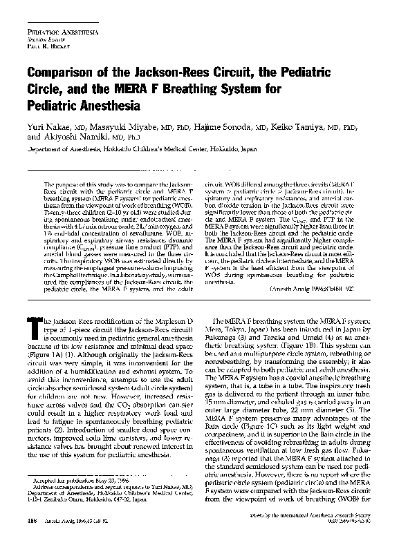 (PDF) Comparison of the Jackson-Rees Circuit, the Pediatric Circle, and ...