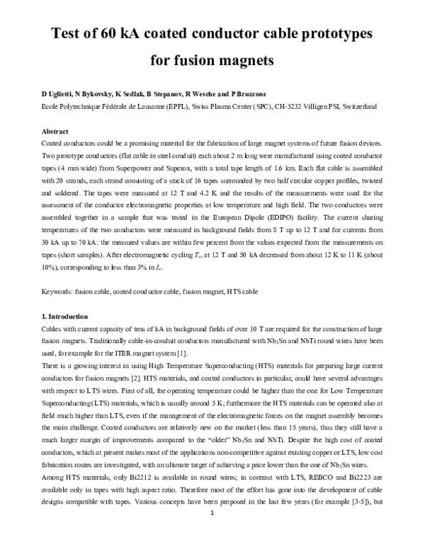 (PDF) Test of 60 kA coated conductor cable prototypes for fusion magnets