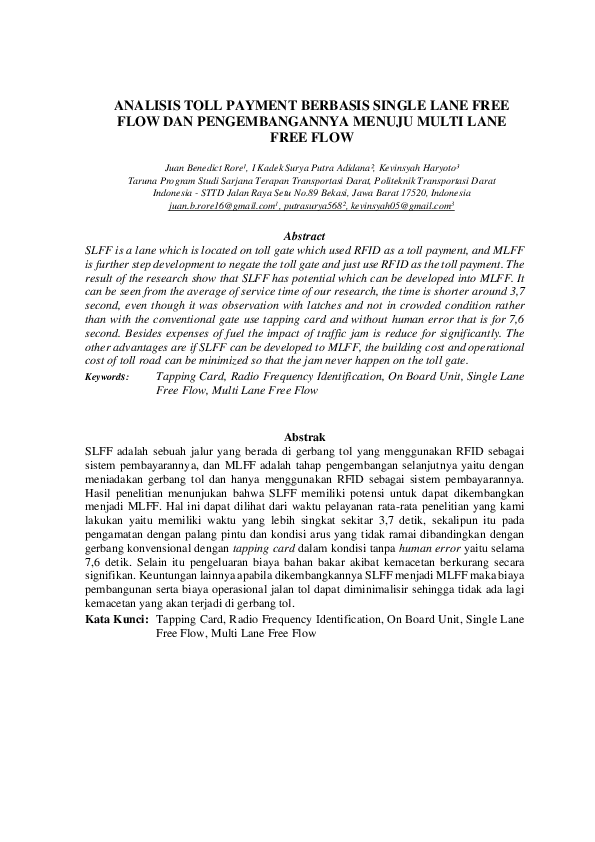 (PDF) ANALISIS TOLL PAYMENT BERBASIS SINGLE LANE FREE FLOW DAN ...