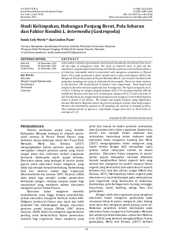 (PDF) Studi Kelimpahan, Hubungan Panjang Berat, Pola Sebaran dan Faktor ...