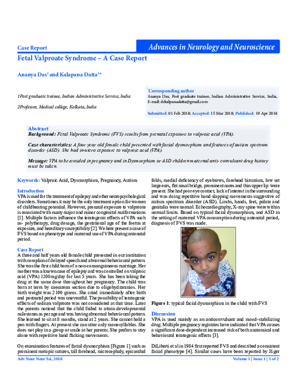 (PDF) Fetal Valproate Syndrome – A Case Report