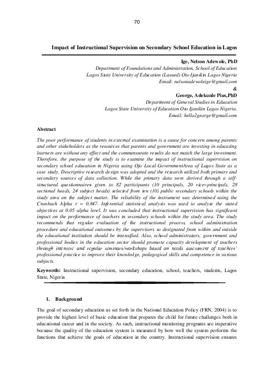 (PDF) Impact of Instructional Supervision on Secondary School Education in Lagos