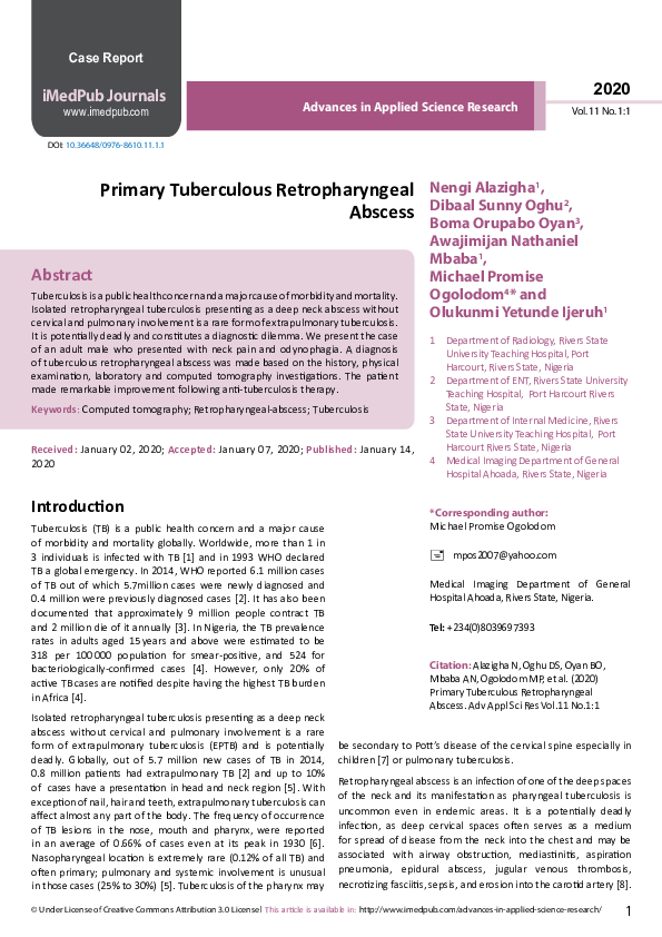 (PDF) Primary tuberculous retropharyngeal abscess