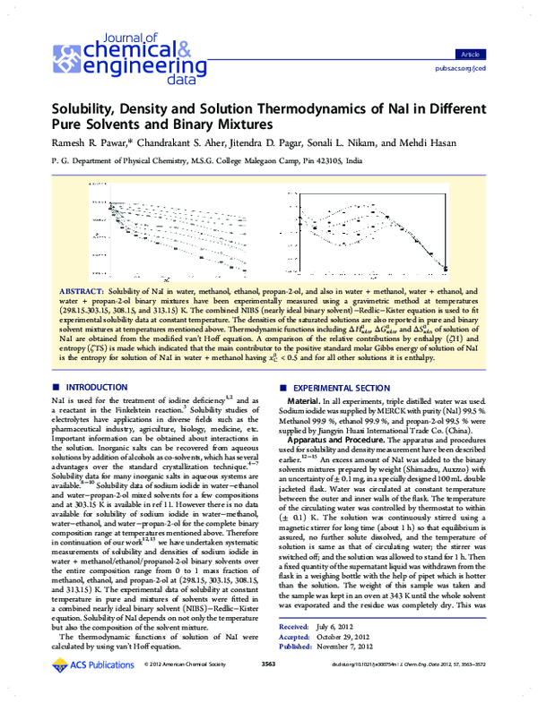 (PDF) Solubility, Density and Solution Thermodynamics of NaI in ...