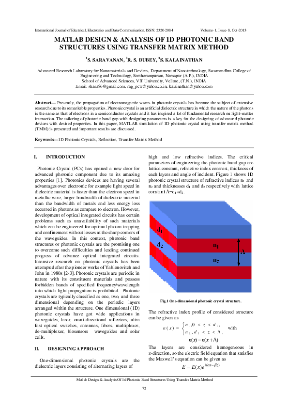 (PDF) MATLAB DESIGN & ANALYSIS OF 1D PHOTONIC BAND STRUCTURES USING TRANSFER MATRIX METHOD
