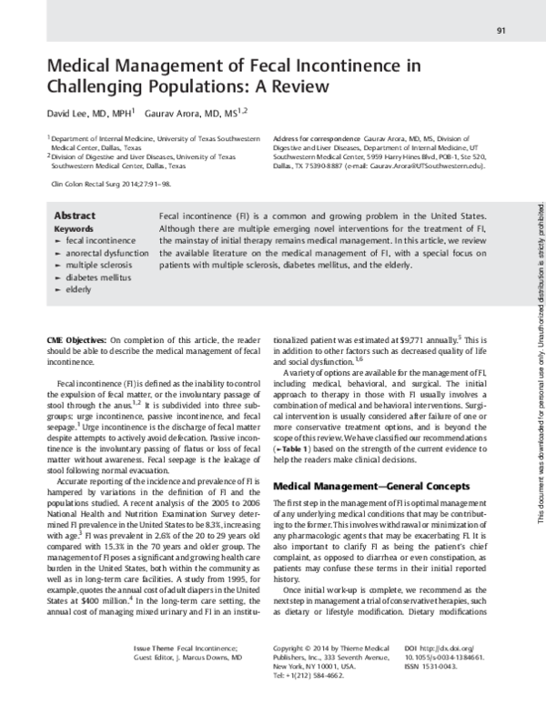 (PDF) Medical Management of Fecal Incontinence in Challenging ...