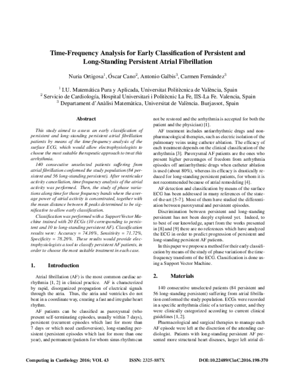 Pdf Time Frequency Analysis For Early Classification Of Persistent And Long Standing