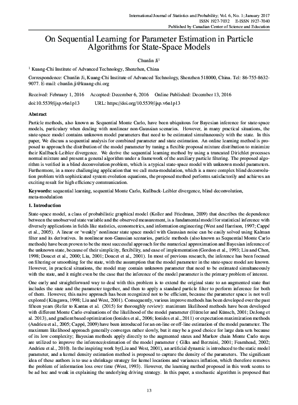 (PDF) On Sequential Learning for Parameter Estimation in Particle Algorithms for State-Space Models