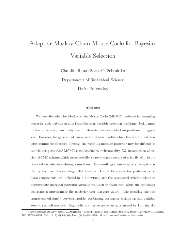 Pdf Adaptive Markov Chain Monte Carlo For Bayesian Variable Selection Chunlin Ji