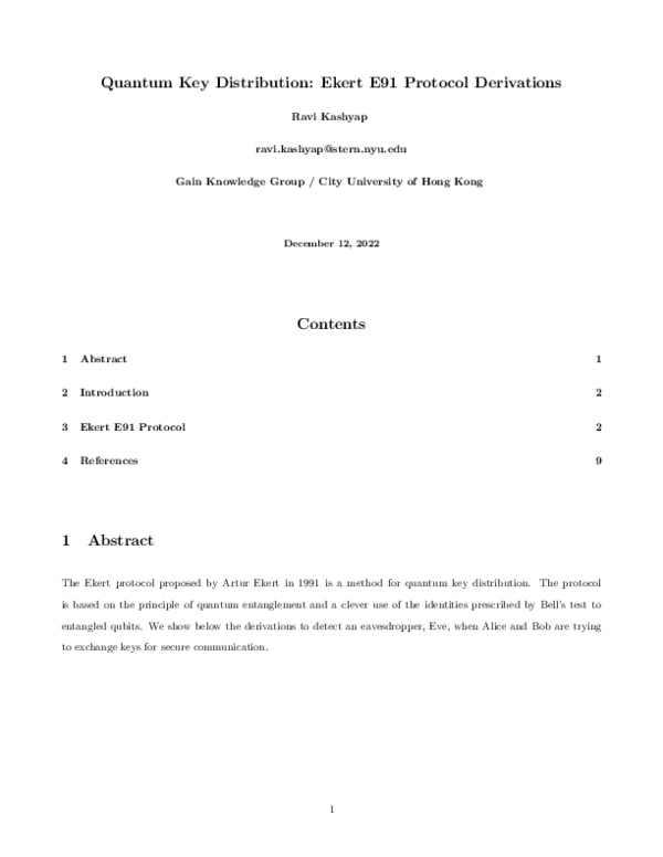 (PDF) Quantum Key Distribution: Ekert E91 Protocol Derivations