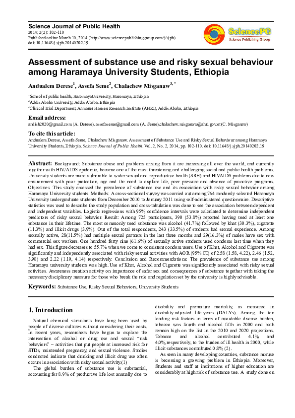 Pdf Assessment Of Substance Use And Risky Sexual Behaviour Among