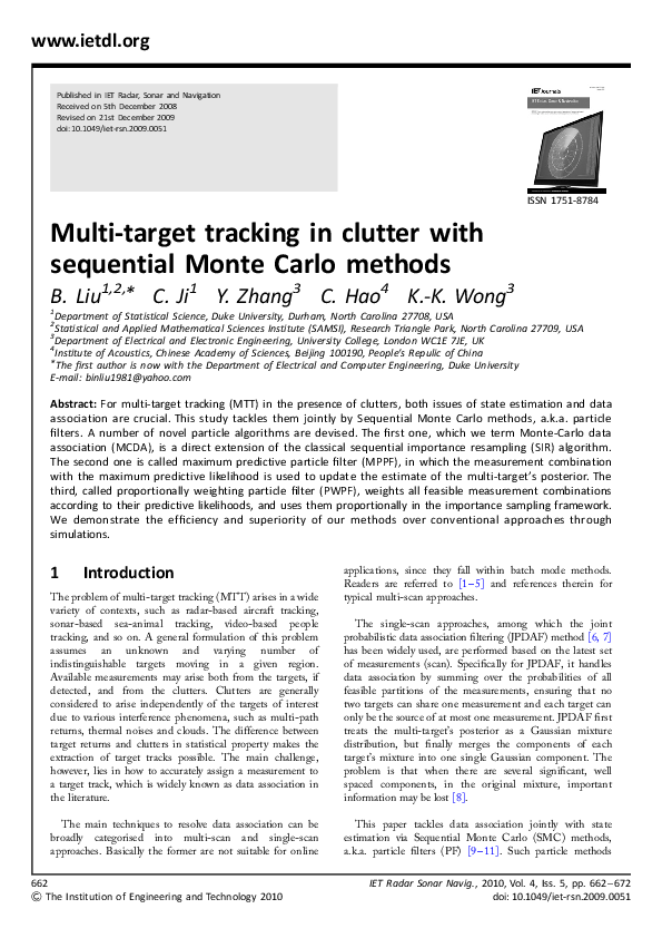 Pdf Multi Target Tracking In Clutter With Sequential Monte Carlo Methods