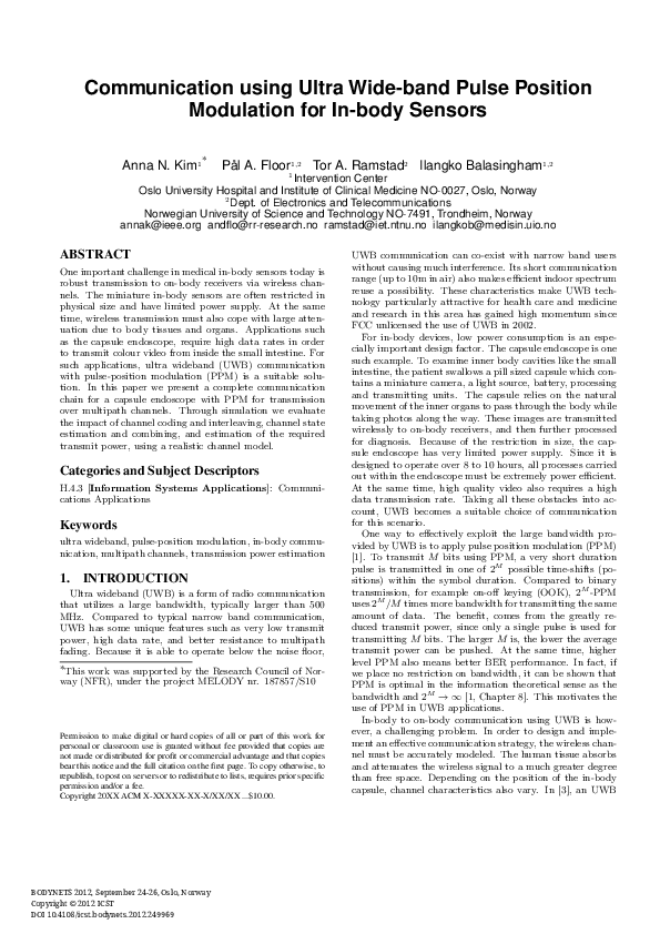 (PDF) Communication using Ultra Wide-band Pulse Position Modulation for In-body Sensors