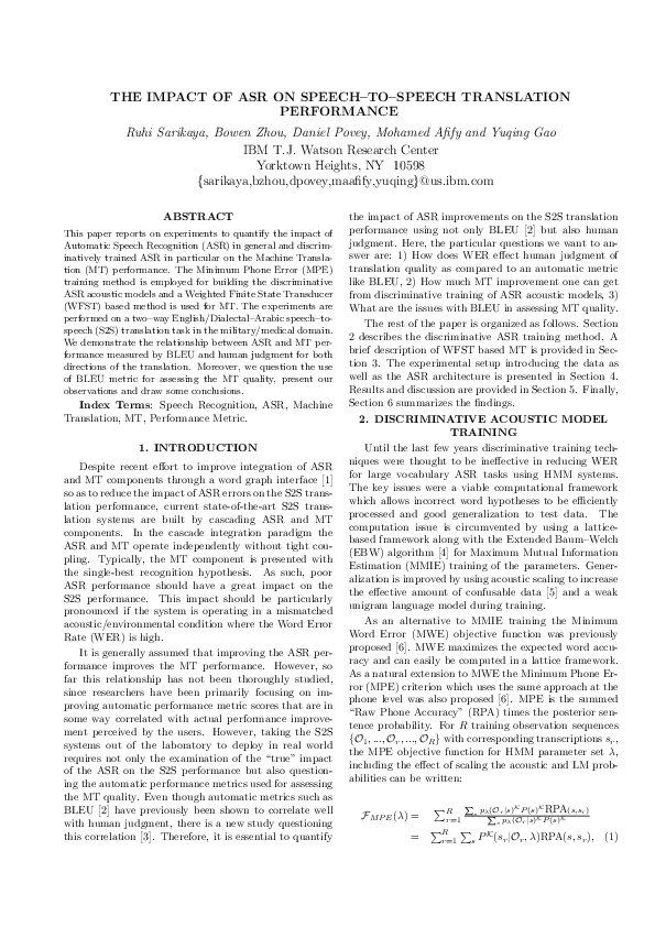 (PDF) The Impact of ASR on Speech-to-Speech Translation Performance