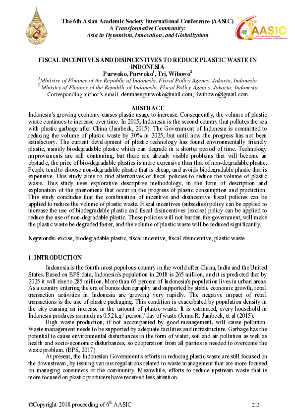 (PDF) Fiscal Incentives And Disincentives To Reduce Plastic Waste In ...