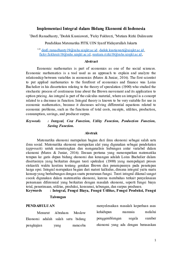 (DOC) Implementasi Integral dalam Bidang Ekonomi di Indonesia