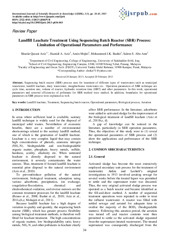 (PDF) Landfill Leachate Treatment Using Sequencing Batch Reactor (SBR) Process: Limitation of ...