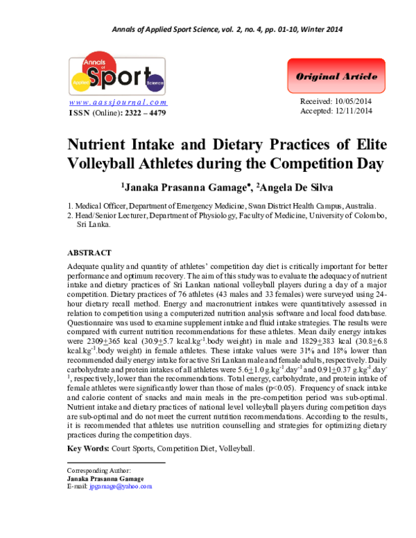 (PDF) Nutrient Intake and Dietary Practices of Elite Volleyball ...