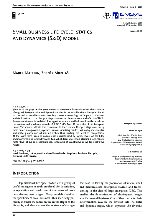 (PDF) Small business life cycle: statics and dynamics (S&D) model
