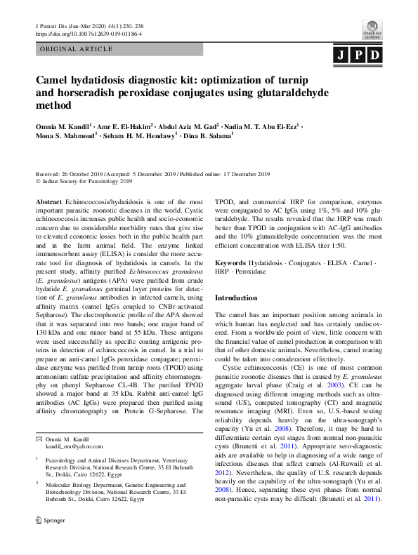 (PDF) Camel hydatidosis diagnostic kit: optimization of turnip and horseradish peroxidase ...