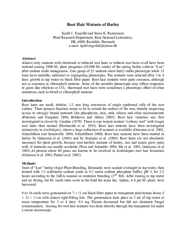 (PDF) Root hair mutants of barley