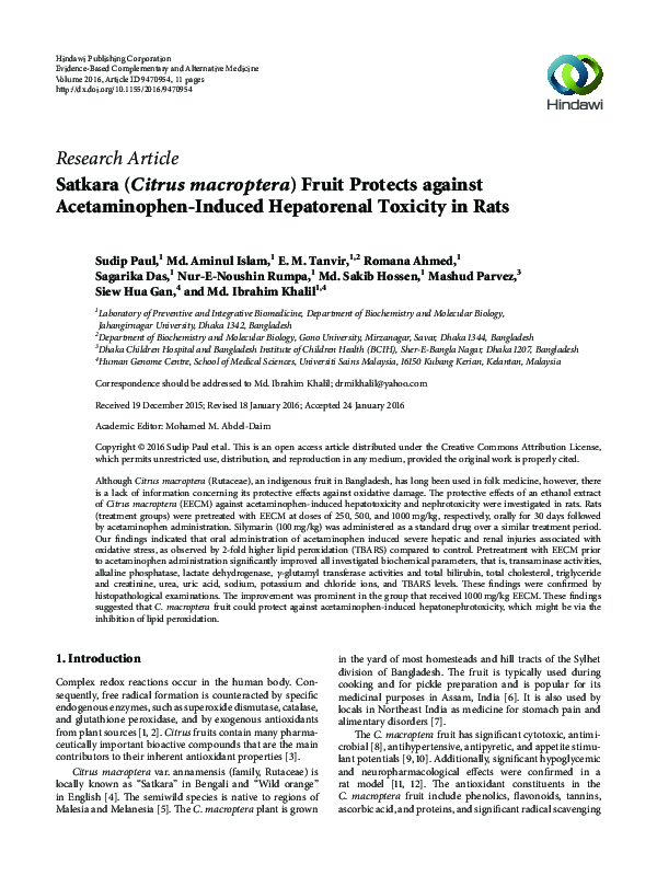 (PDF) Satkara (Citrus macroptera) Fruit Protects against Acetaminophen ...
