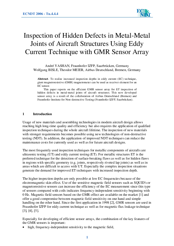 (PDF) Inspection of Hidden Defects in Metal-Metal Joints of Aircraft Structures Using Eddy ...
