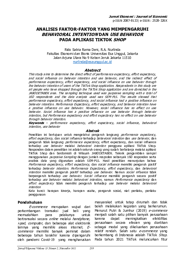 (PDF) ANALISIS FAKTOR-FAKTOR YANG MEMPENGARUHI BEHAVIORAL INTENTION DAN USE BEHAVIOR PADA ...