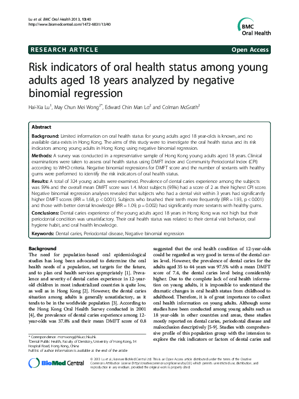(PDF) Oral Health Risk Indicators in Hong Kong Youth