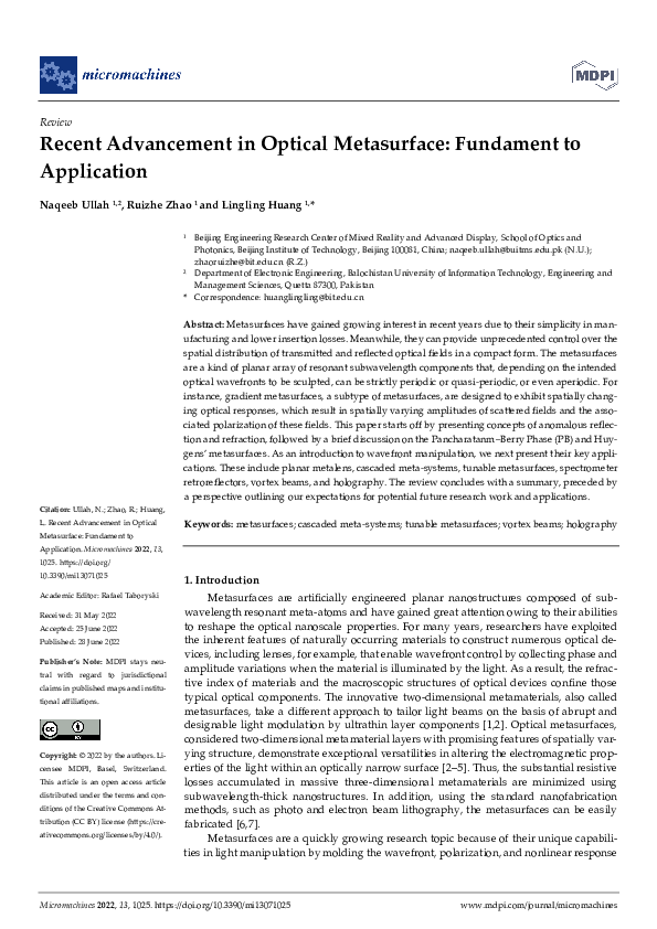 (PDF) Recent Advancement in Optical Metasurface: Fundament to Application