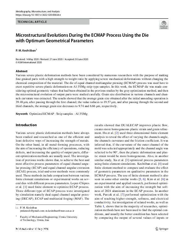(PDF) Microstructural Evolutions During the ECMAP Process Using the Die with Optimum Geometrical ...