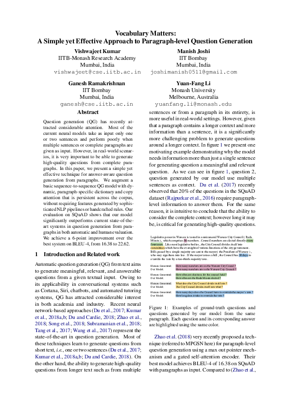 (PDF) Vocabulary Matters: A Simple yet Effective Approach to Paragraph-level Question Generation
