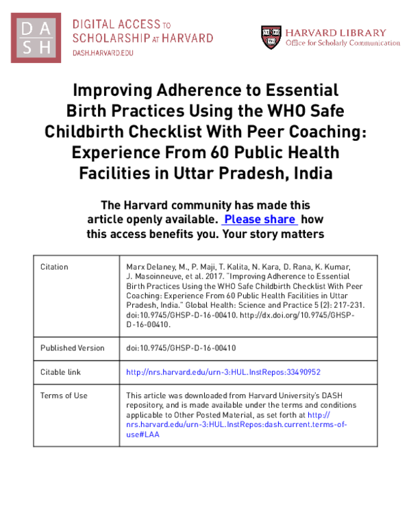 (PDF) Improving Adherence to Essential Birth Practices Using the WHO ...