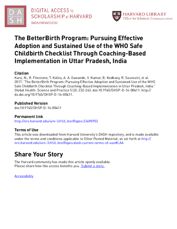 (PDF) The BetterBirth Program: Pursuing Effective Adoption and ...