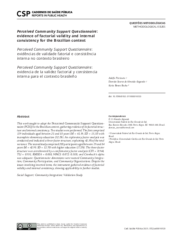 (PDF) Perceived Community Support Questionnaire: evidence of factorial ...