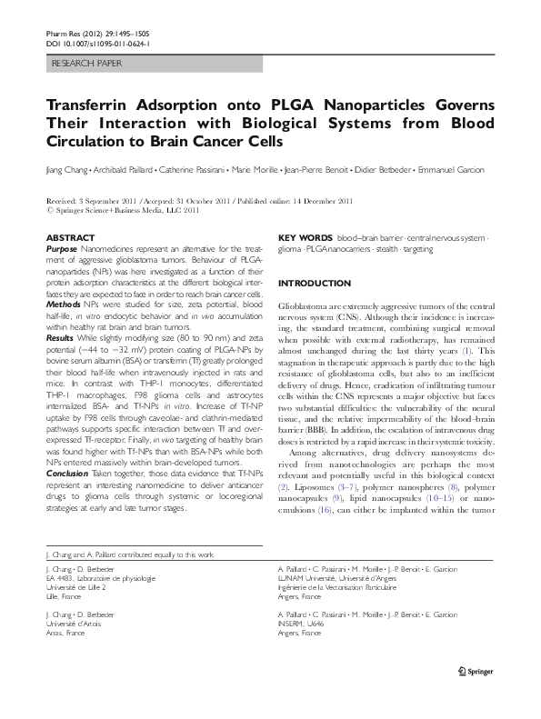 (PDF) Transferrin Adsorption onto PLGA Nanoparticles Governs Their ...