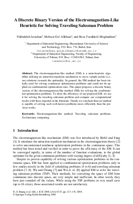 Pdf A Discrete Binary Version Of The Electromagnetism Like Heuristic For Solving Traveling