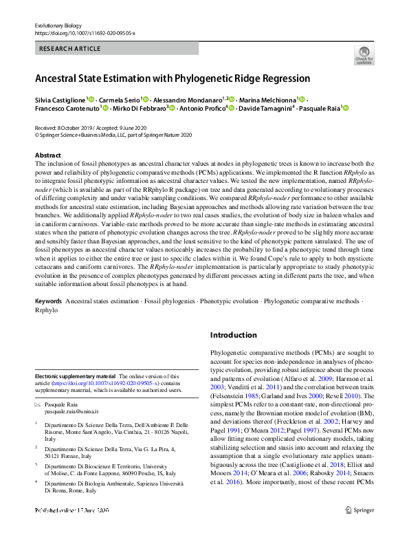 (PDF) Ancestral State Estimation with Phylogenetic Ridge Regression