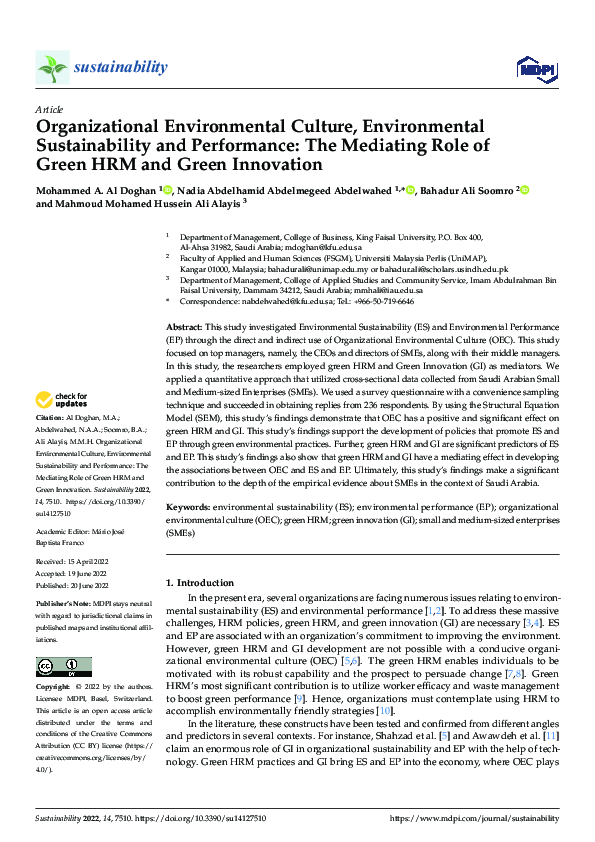 (PDF) Organizational Environmental Culture, Environmental Sustainability and Performance: The ...