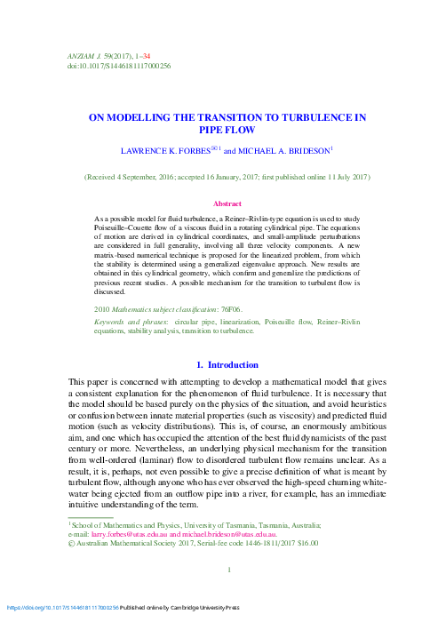 (PDF) On Modelling the Transition to Turbulence in Pipe Flow