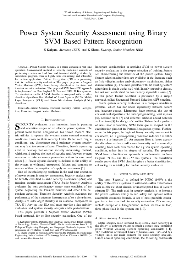Pdf Power System Security Assessment Using Binary Svm Based Pattern Recognition Shanti