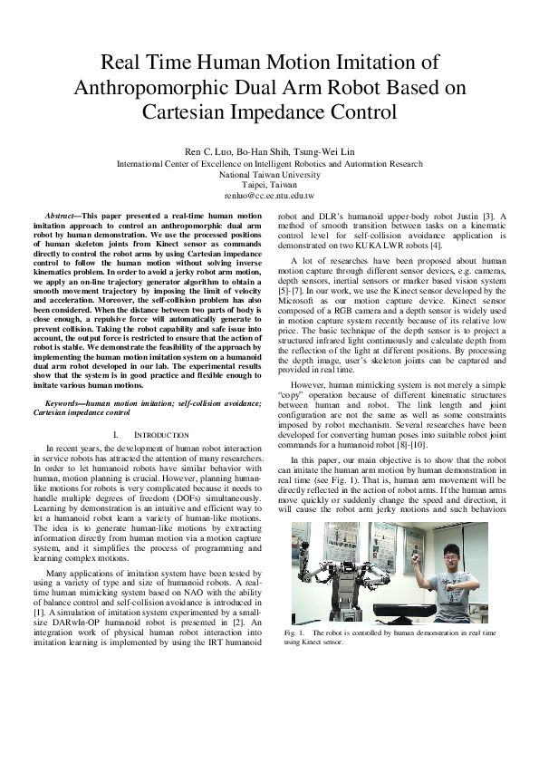 Pdf Real Time Human Motion Imitation Of Anthropomorphic Dual Arm Robot Based On Cartesian