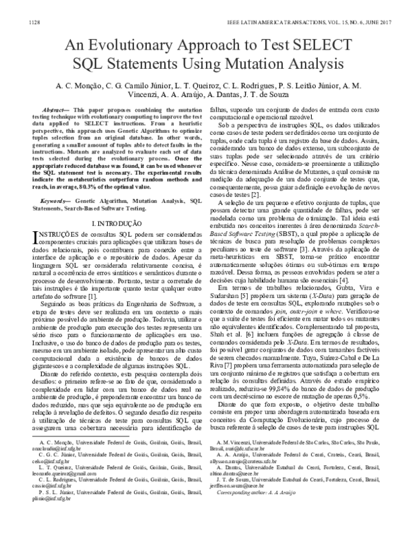 Pdf An Evolutionary Approach To Test Select Sql Statements Using Mutation Analysis